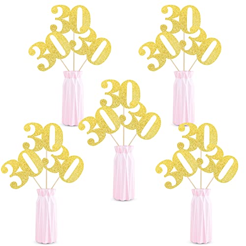 12 PCS Glitter 30th Birthday Centerpiece Sticks Number 30 Cake Toppers Thirty Table Flower Topper Decorations for 30th Birthday Anniversary Party Centerpiece Supplies Gold