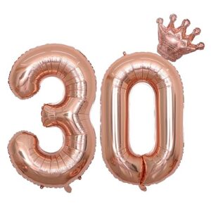 40 inch rose gold number 30 balloons with crown, 30th birthday balloons for men and women, 30th birthday decorations, wedding anniversar celebration decoration balloons. (rose gold)