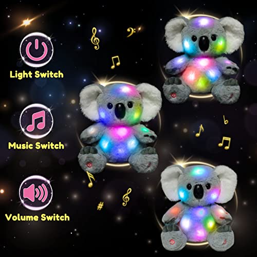 Hopearl LED Musical Koala Stuffed Animal Light up Singing Plush Toy Adjustable Volume Lullaby Animated Soothe Birthday Gifts for Kids Toddlers, Gray, 10.5''