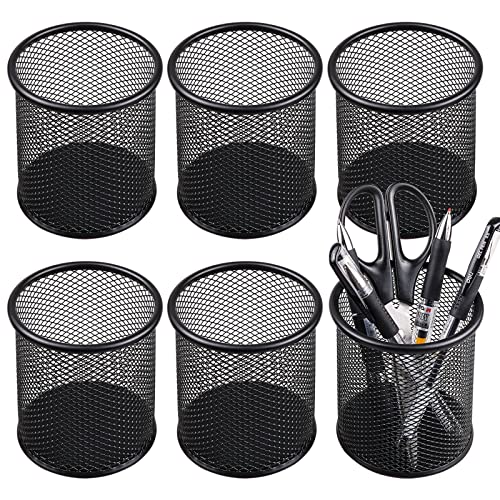 QYH Mesh Pen Cup Metal Pencil Holder for Desk 6 Packs Black Pen Organizer Office 3.54x3.93 Inch