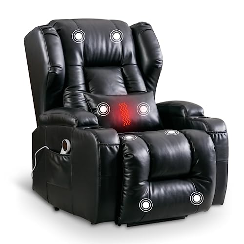 OBBOLLY Power Lift Recliner Chair for Elderly,PU Leather Heat Massage Chair Recliner with 2 Concealed Cup Holders for Living Room,Soft Lazy Single Sofa with Lumbar Pillow, Side Pockets, USB Po (Black)