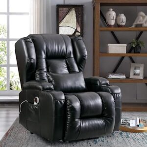 OBBOLLY Power Lift Recliner Chair for Elderly,PU Leather Heat Massage Chair Recliner with 2 Concealed Cup Holders for Living Room,Soft Lazy Single Sofa with Lumbar Pillow, Side Pockets, USB Po (Black)