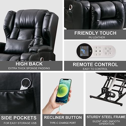 OBBOLLY Power Lift Recliner Chair for Elderly,PU Leather Heat Massage Chair Recliner with 2 Concealed Cup Holders for Living Room,Soft Lazy Single Sofa with Lumbar Pillow, Side Pockets, USB Po (Black)