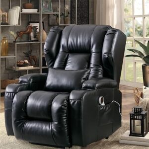 OBBOLLY Power Lift Recliner Chair for Elderly,PU Leather Heat Massage Chair Recliner with 2 Concealed Cup Holders for Living Room,Soft Lazy Single Sofa with Lumbar Pillow, Side Pockets, USB Po (Black)