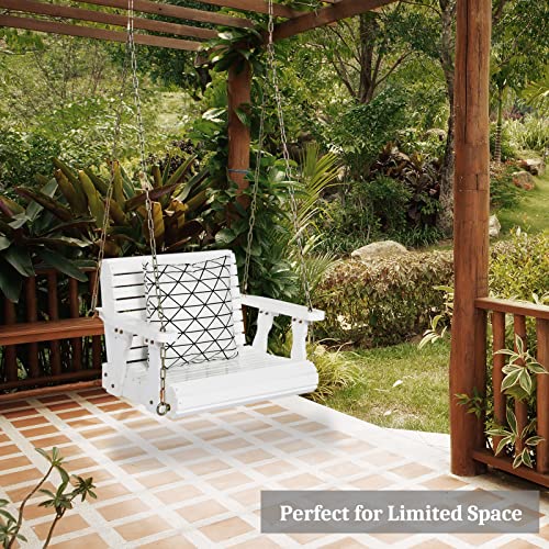 VINGLI Heavy Duty 440 LBS 1-Person Wooden Patio Porch Swing for Adults & Kids, Well-Finished Outdoor Single Swing Chair Bench with Adjustable Chains for Porch, Yard, Balcony, Tree (White)