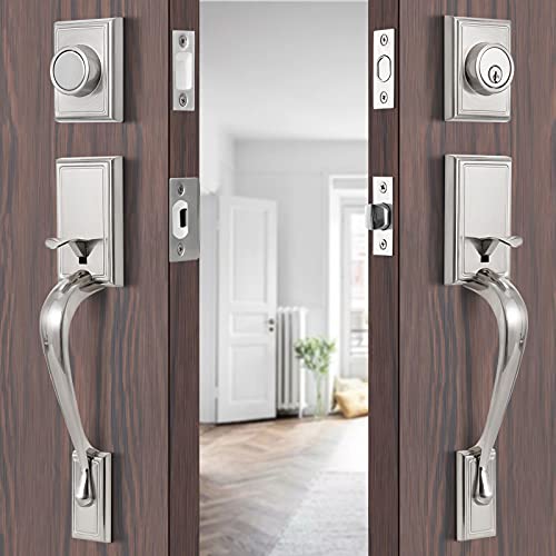 Natsukage Front Door Handle Double Door Lock Set Satin Nickel Entrance Handle Set with Dummy Heavy-Duty Adjustable Handle Sets with Deadbolt and Lever Handle Reversible for Right & Left Handed