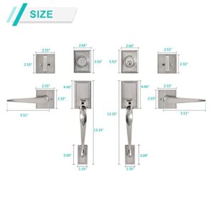 Natsukage Front Door Handle Double Door Lock Set Satin Nickel Entrance Handle Set with Dummy Heavy-Duty Adjustable Handle Sets with Deadbolt and Lever Handle Reversible for Right & Left Handed