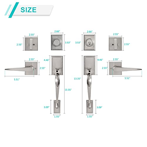 Natsukage Front Door Handle Double Door Lock Set Satin Nickel Entrance Handle Set with Dummy Heavy-Duty Adjustable Handle Sets with Deadbolt and Lever Handle Reversible for Right & Left Handed