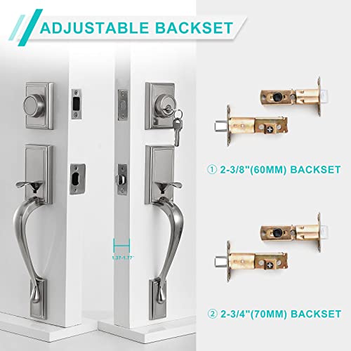 Natsukage Front Door Handle Double Door Lock Set Satin Nickel Entrance Handle Set with Dummy Heavy-Duty Adjustable Handle Sets with Deadbolt and Lever Handle Reversible for Right & Left Handed