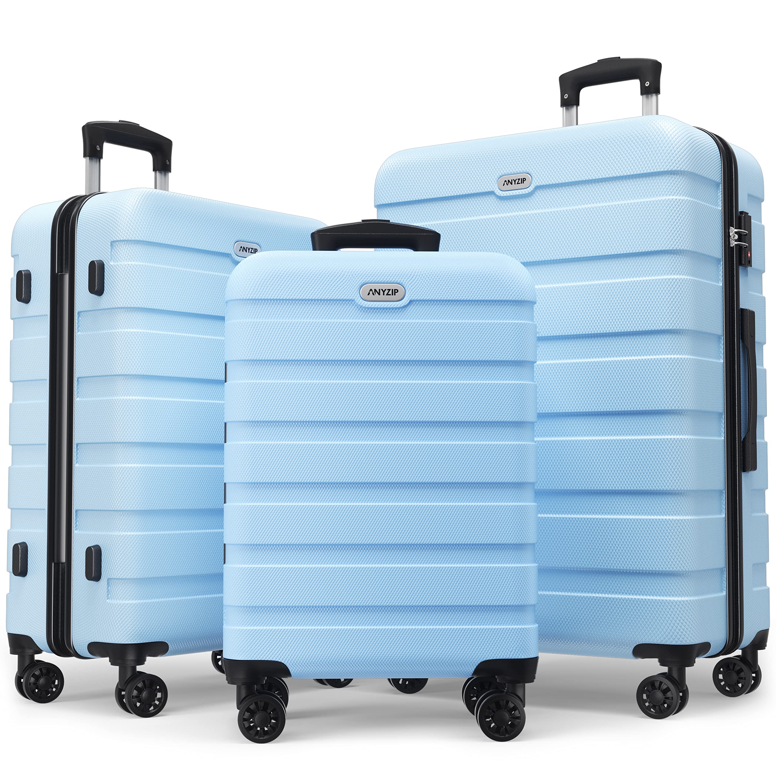 AnyZip Luggage Sets 3 Piece PC ABS Hardside Lightweight Suitcase with 4 Universal Wheels TSA Lock Carry On 20 24 28 Inch Light Blue