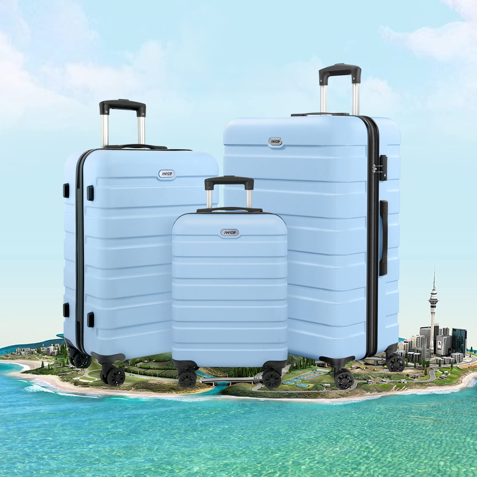 AnyZip Luggage Sets 3 Piece PC ABS Hardside Lightweight Suitcase with 4 Universal Wheels TSA Lock Carry On 20 24 28 Inch Light Blue