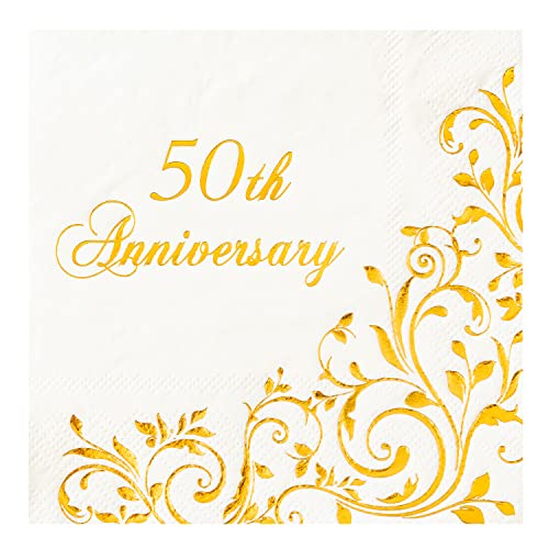 Crisky Gold Foil 50th Anniversary Cocktail Napkins for Golden Wedding Party Decoration, 3-Ply Disposable Beverage Dessert Napkins, 50 Counts