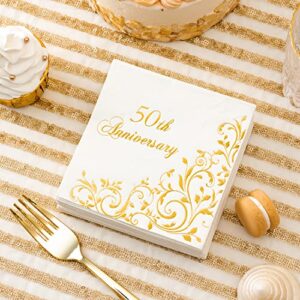 Crisky Gold Foil 50th Anniversary Cocktail Napkins for Golden Wedding Party Decoration, 3-Ply Disposable Beverage Dessert Napkins, 50 Counts