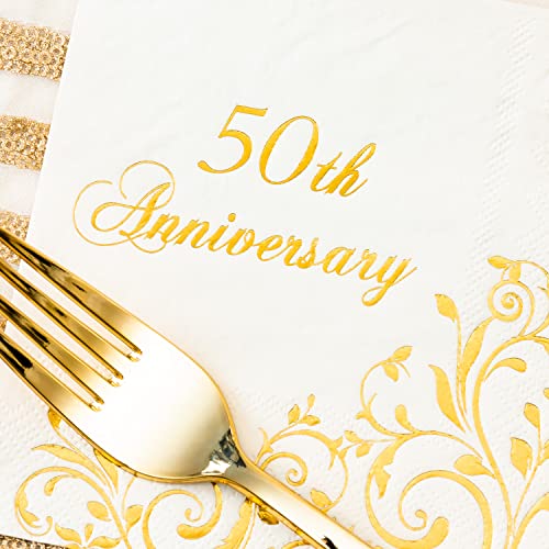 Crisky Gold Foil 50th Anniversary Cocktail Napkins for Golden Wedding Party Decoration, 3-Ply Disposable Beverage Dessert Napkins, 50 Counts