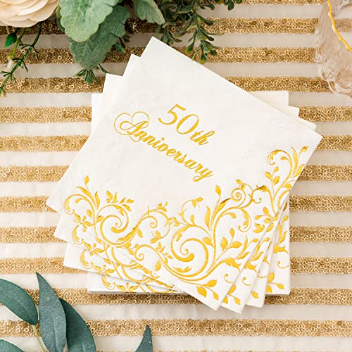 Crisky Gold Foil 50th Anniversary Cocktail Napkins for Golden Wedding Party Decoration, 3-Ply Disposable Beverage Dessert Napkins, 50 Counts