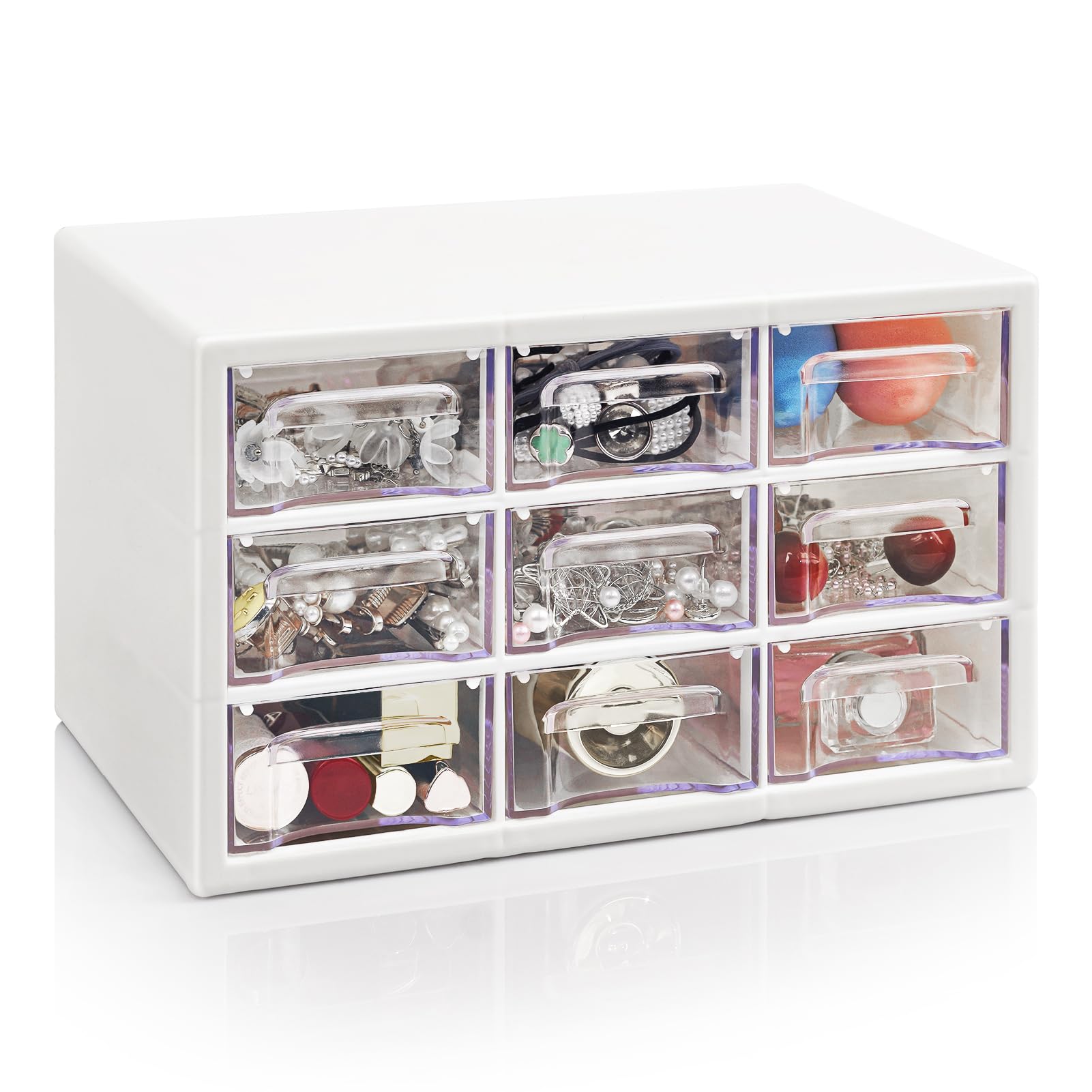 FODIENS Desk Storage Organizer with 9 Drawers, Stackable Desktop Craft Drawer Cabinet, Clear Storage Box Caddy for Makeup Jewelry Office Craft Supplies (9.84×6.3×5.9in)