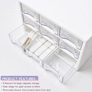 FODIENS Desk Storage Organizer with 9 Drawers, Stackable Desktop Craft Drawer Cabinet, Clear Storage Box Caddy for Makeup Jewelry Office Craft Supplies (9.84×6.3×5.9in)