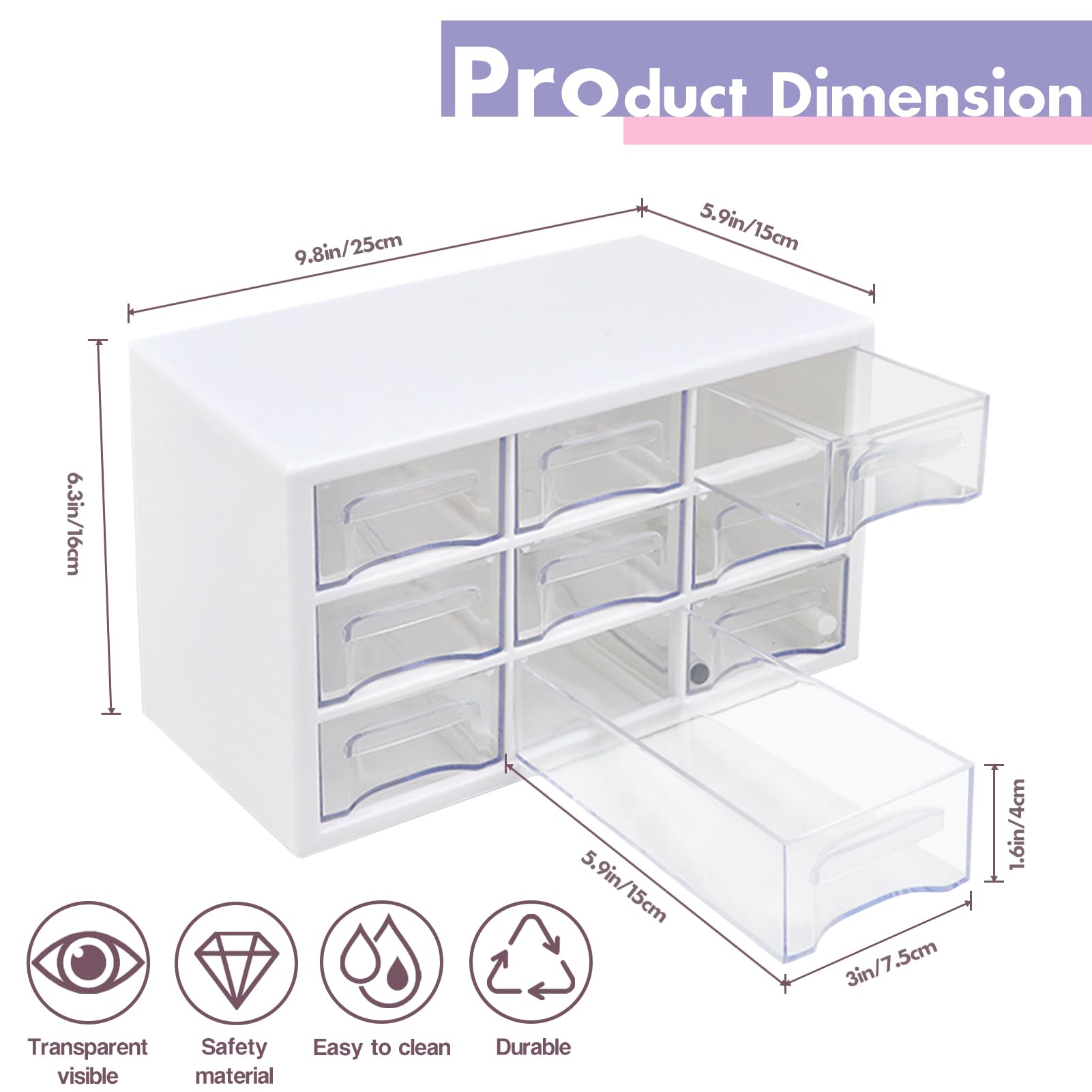 FODIENS Desk Storage Organizer with 9 Drawers, Stackable Desktop Craft Drawer Cabinet, Clear Storage Box Caddy for Makeup Jewelry Office Craft Supplies (9.84×6.3×5.9in)