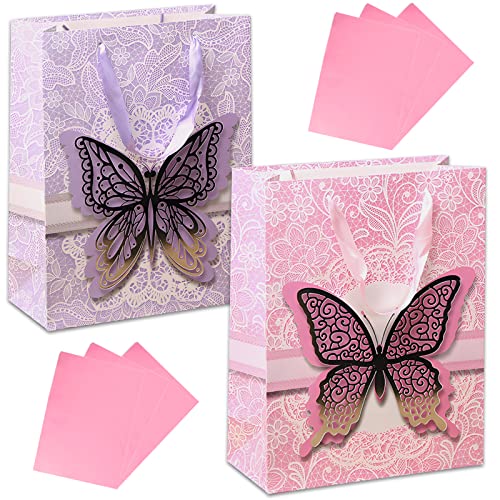 Ruifyray 12.6" Large Butterfly Gift Bag 2 Pack, with Handle and Tissue Paper, for Anniversary/Valentines Day/Birthday Party/Bridal Shower Decoration/Wedding Favors/Christmas Holiday & New Year Gift (pink + purple)