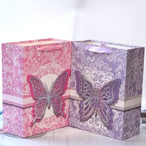 Ruifyray 12.6" Large Butterfly Gift Bag 2 Pack, with Handle and Tissue Paper, for Anniversary/Valentines Day/Birthday Party/Bridal Shower Decoration/Wedding Favors/Christmas Holiday & New Year Gift (pink + purple)