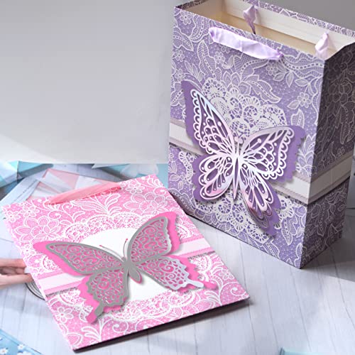 Ruifyray 12.6" Large Butterfly Gift Bag 2 Pack, with Handle and Tissue Paper, for Anniversary/Valentines Day/Birthday Party/Bridal Shower Decoration/Wedding Favors/Christmas Holiday & New Year Gift (pink + purple)