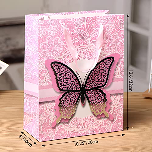 Ruifyray 12.6" Large Butterfly Gift Bag 2 Pack, with Handle and Tissue Paper, for Anniversary/Valentines Day/Birthday Party/Bridal Shower Decoration/Wedding Favors/Christmas Holiday & New Year Gift (pink + purple)