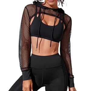 siqitechno womens mesh fishnet long sleeve hoodie drawstring pullover crop top hoodie hollow out long sleeve pullover crop top sweatshirt black