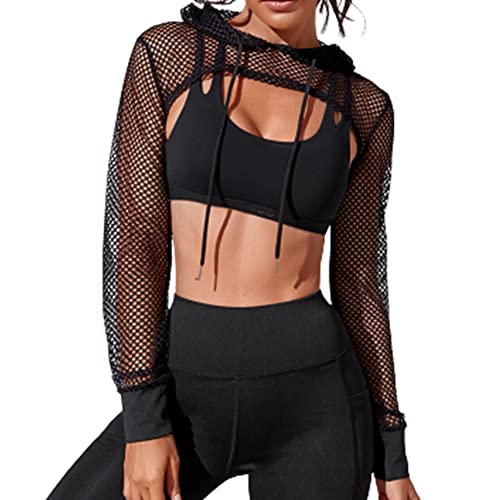 SIQITECHNO Womens Mesh Fishnet Long Sleeve Hoodie Drawstring Pullover Crop Top Hoodie Hollow Out Long Sleeve Pullover Crop Top Sweatshirt Black