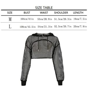 SIQITECHNO Womens Mesh Fishnet Long Sleeve Hoodie Drawstring Pullover Crop Top Hoodie Hollow Out Long Sleeve Pullover Crop Top Sweatshirt Black