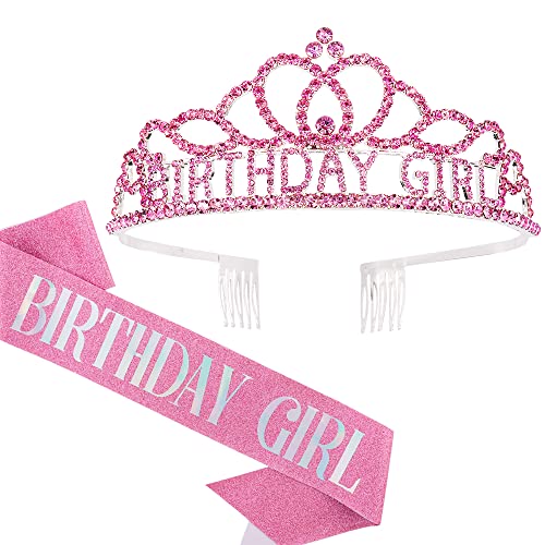 AOPRIE Birthday Crown for Women Birthday Girl Sash for Women Birthday Tiara for Women Birthday Girl Headband Princess Crown Rhinestone Happy Birthday Accessories Pink