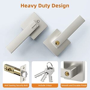 Roughshi Keyed Entry Lever, Door Lever Square Modern Exterior Lockset, Satin Nickel Finish Front Door Handle with Lock, Interior Door