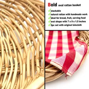 Rattan Serving Baskets Woven 2PC Small | Oval Bread Basket Tray 7 x 9 Inches Stackable Fruit, Food Serving Holders Vegetables for Home Kitchen Restaurant Outdoor with Loincloth Natural | GoldleafKing