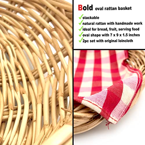 Rattan Serving Baskets Woven 2PC Small | Oval Bread Basket Tray 7 x 9 Inches Stackable Fruit, Food Serving Holders Vegetables for Home Kitchen Restaurant Outdoor with Loincloth Natural | GoldleafKing