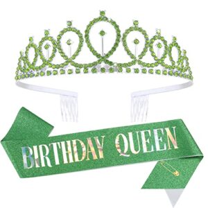 birthday queen sash & crystal crown kit cieher birthday crown and sash birthday crowns for women birthday sash women girls crown birthday tiara birthday decorations rhinestones headband hair accessories glitter sash for party - green