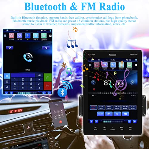 Roinvou Single Din Car Stereo Radio 9.5'' Movable Vertical Touch Screen with Carplay Android Auto Bluetooth FM Radio Mirror Link Backup Camera Support Video Playback SWC DVR USB AUX TF