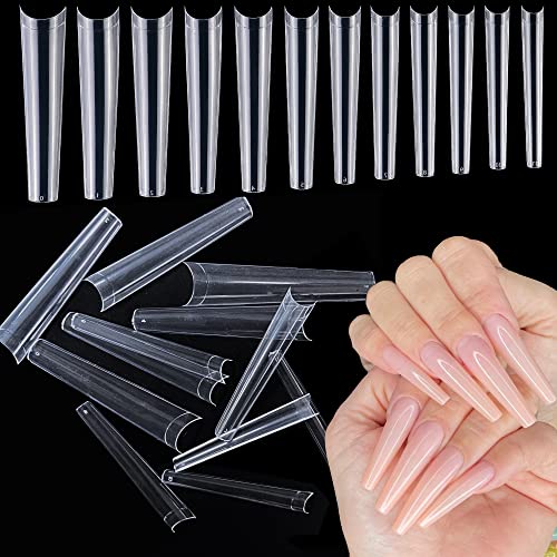 AddFavor 600pcs XXXL Clear Nail Tips Coffin Extra Long 3XL Ballerina Fake Nails No C Acrylic French Half Cover Professional False Nail Tip for Salons & Home DIY, 12 Sizes