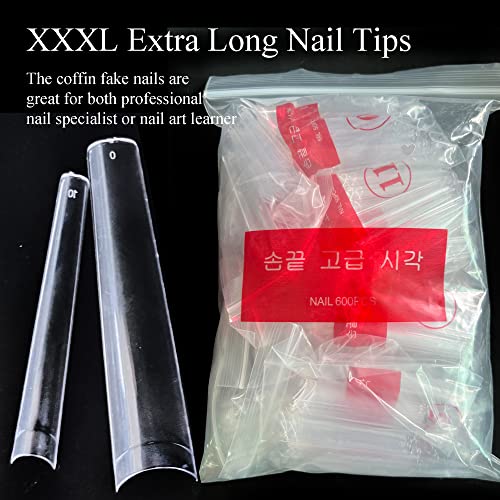 AddFavor 600pcs XXXL Clear Nail Tips Coffin Extra Long 3XL Ballerina Fake Nails No C Acrylic French Half Cover Professional False Nail Tip for Salons & Home DIY, 12 Sizes