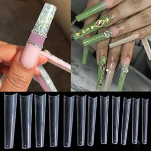 AddFavor 600pcs XXXL Clear Nail Tips Coffin Extra Long 3XL Ballerina Fake Nails No C Acrylic French Half Cover Professional False Nail Tip for Salons & Home DIY, 12 Sizes