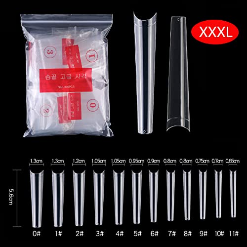 AddFavor 600pcs XXXL Clear Nail Tips Coffin Extra Long 3XL Ballerina Fake Nails No C Acrylic French Half Cover Professional False Nail Tip for Salons & Home DIY, 12 Sizes