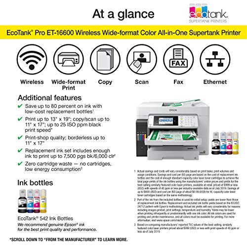 Epson EcoTank Pro ET-16600 Wireless Wide-format Color All-in-One Supertank Printer with Scanner, Copier, Fax and Ethernet. Full 1-Year Limited Warranty (Renewed Premium),White