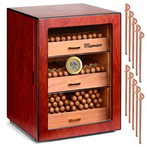 marvero handcrafted cigar humidors box, cedar wood cigar humidor for 150 cigars with digital hygrometer, 3 large drawers, 3 humidifiers and 10 cedar wood spills. gift for men and aficionados