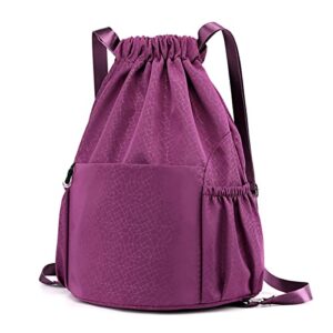 calach drawstring backpack sports gym bag yoga travel sackpack for women men waterproof nylon gym sack daypack with multi pockets (purple2)