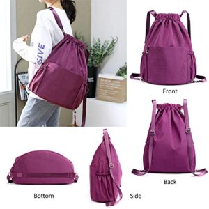 CALACH Drawstring Backpack Sports Gym Bag Yoga Travel Sackpack for Women Men Waterproof Nylon Gym Sack DayPack with Multi Pockets (Purple2)