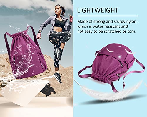 CALACH Drawstring Backpack Sports Gym Bag Yoga Travel Sackpack for Women Men Waterproof Nylon Gym Sack DayPack with Multi Pockets (Purple2)