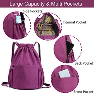 CALACH Drawstring Backpack Sports Gym Bag Yoga Travel Sackpack for Women Men Waterproof Nylon Gym Sack DayPack with Multi Pockets (Purple2)