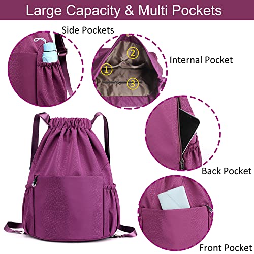 CALACH Drawstring Backpack Sports Gym Bag Yoga Travel Sackpack for Women Men Waterproof Nylon Gym Sack DayPack with Multi Pockets (Purple2)