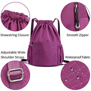 CALACH Drawstring Backpack Sports Gym Bag Yoga Travel Sackpack for Women Men Waterproof Nylon Gym Sack DayPack with Multi Pockets (Purple2)