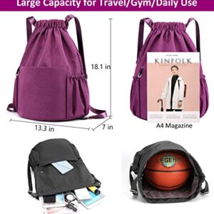 CALACH Drawstring Backpack Sports Gym Bag Yoga Travel Sackpack for Women Men Waterproof Nylon Gym Sack DayPack with Multi Pockets (Purple2)