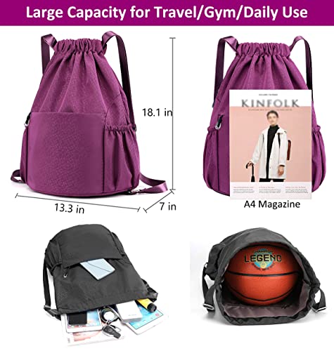 CALACH Drawstring Backpack Sports Gym Bag Yoga Travel Sackpack for Women Men Waterproof Nylon Gym Sack DayPack with Multi Pockets (Purple2)