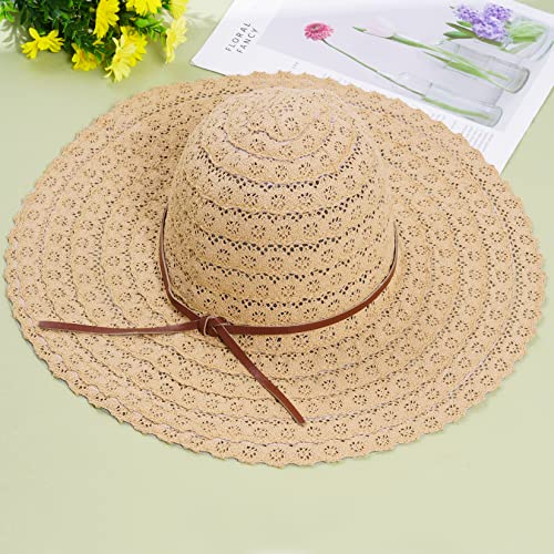 Women Sun Hat Summer Beach Straw Hat Wide Brim Foldable Cap UV UPF 50 Floppy Hat for Outdoor Travel (Khaki)